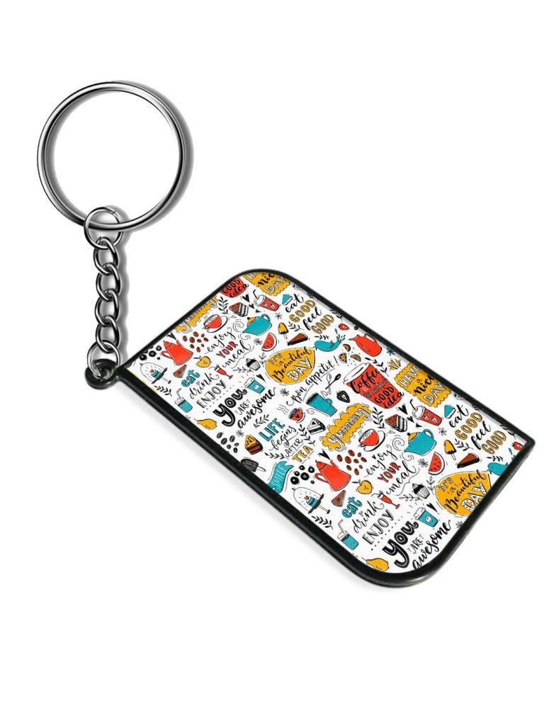 Buy Cafe Pattern Doodle Printed Curverectangle Keychain at ₹ 29 Only